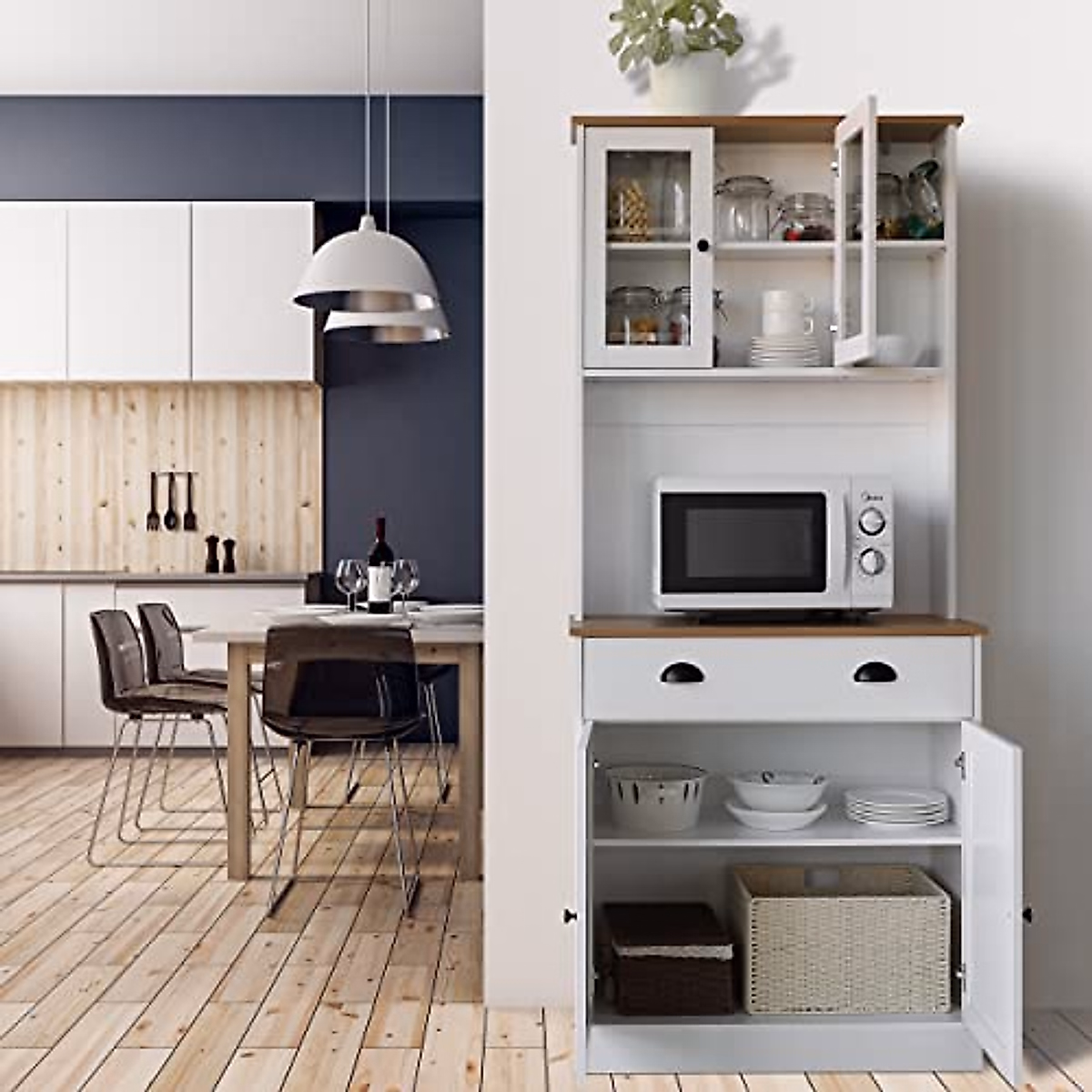 VEIKOUS 72" Kitchen Storage Cabinet, Freestanding Kitchen Buffet with Hutch w/Wide Countertop & Adjustable Shelves, Pantry Cabinets with Glass Doors, White