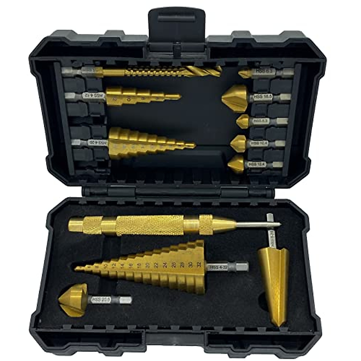 NordWolf 12-Piece HSS Titanium Metric Step, Countersink, Cone Drills with 1/4" Hex Shank, Multi Drill Saw & Automatic Center Punch Combination Set in Storage Case