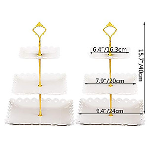 Agyvvt Set of 2 Pcs 3-Tier Plastic Dessert Stand Square Cupcake Serving Tray for Home Wedding Birthday Party (White)