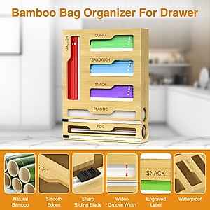 HOSTENU 6 in 1 Storage Bag Organizer for Kitchen Drawer, Bamboo Foil and Plastic Wrap Dispenser with Cutter, Food Baggie Organizer for Drawer, Plastic Bag Organizer for Gallon, Quart, Sandwich, Snack