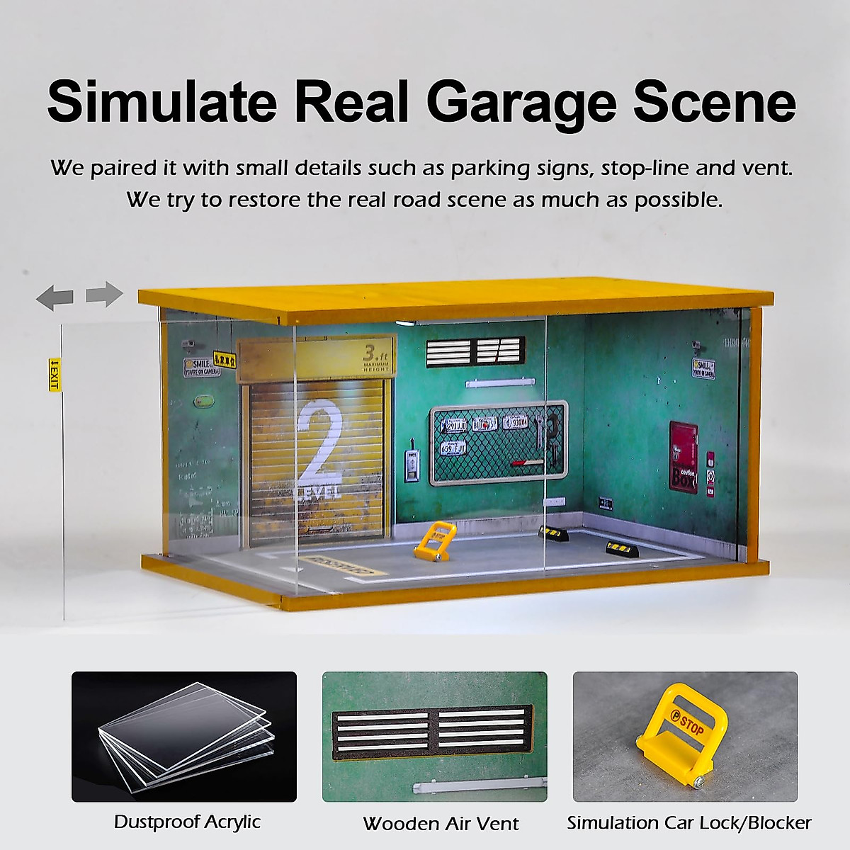 cxiiuui 1/18 Scale Display Case Car Garage Moldel with LED Light and Acrylic Cover Wooden Diecast Car Show Case 1 Parking Spaces Green
