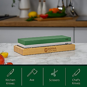 Universal Knife Sharpening Stone w/Dual Grit 1000/6000 for Kitchen Knife Set, Chef Knife, and more - Whetstone Sharpening Kit with Angle Guide, Non-Slip Silicon and Bamboo Bases by ROYAL CRAFT WOOD