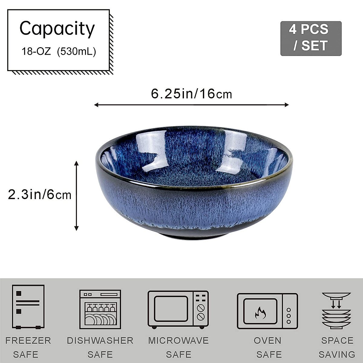 UNICASA Ceramic Cereal Bowls Set, 18 OZ Salads Bowls Set of 4, Dessert Serving Bowl for Soup, Reactive Glaze Ramen Bowls, Microwave Oven and Dishwasher Safe, Blue