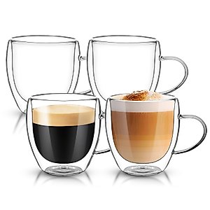 Dyserbuy Double Wall Glass Coffee Mugs Set of 4, 8.5oz Insulated Espresso Cups Coffee Cups, Drinking Glasses with Handle, Perfect for Latte,Cappuccino,Hot Chocolate,Tea and Juice