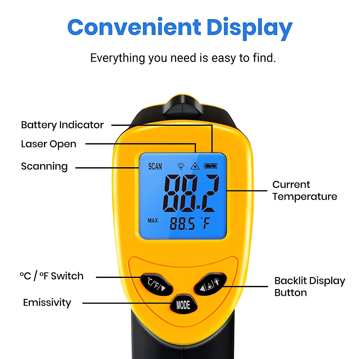 Etekcity Infrared Thermometer 1080, Heat Temperature Temp Gun for Cooking, Laser IR Surface Tool for Pizza Oven, Meat, Griddle, Grill, HVAC, Engine, Accessories, -58°F to 1130°F, Yellow