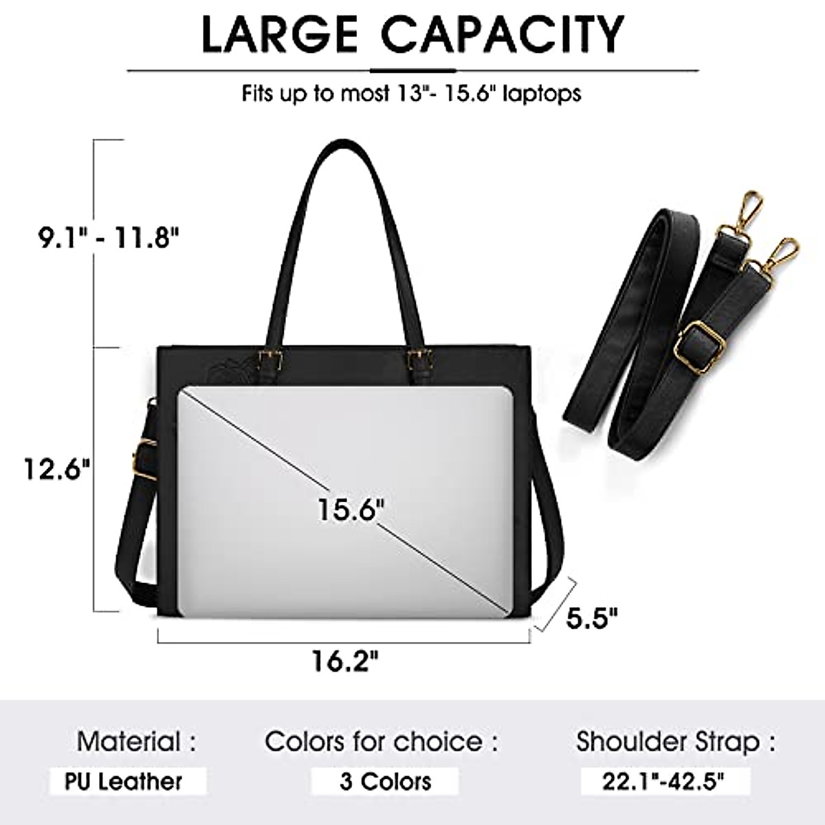 Laptop Bag for Women 15.6 Inch Laptop Tote Bag Leather Waterproof Work Bags Professional Business Office Computer Briefcase Large Capacity Shoulder Bag Black