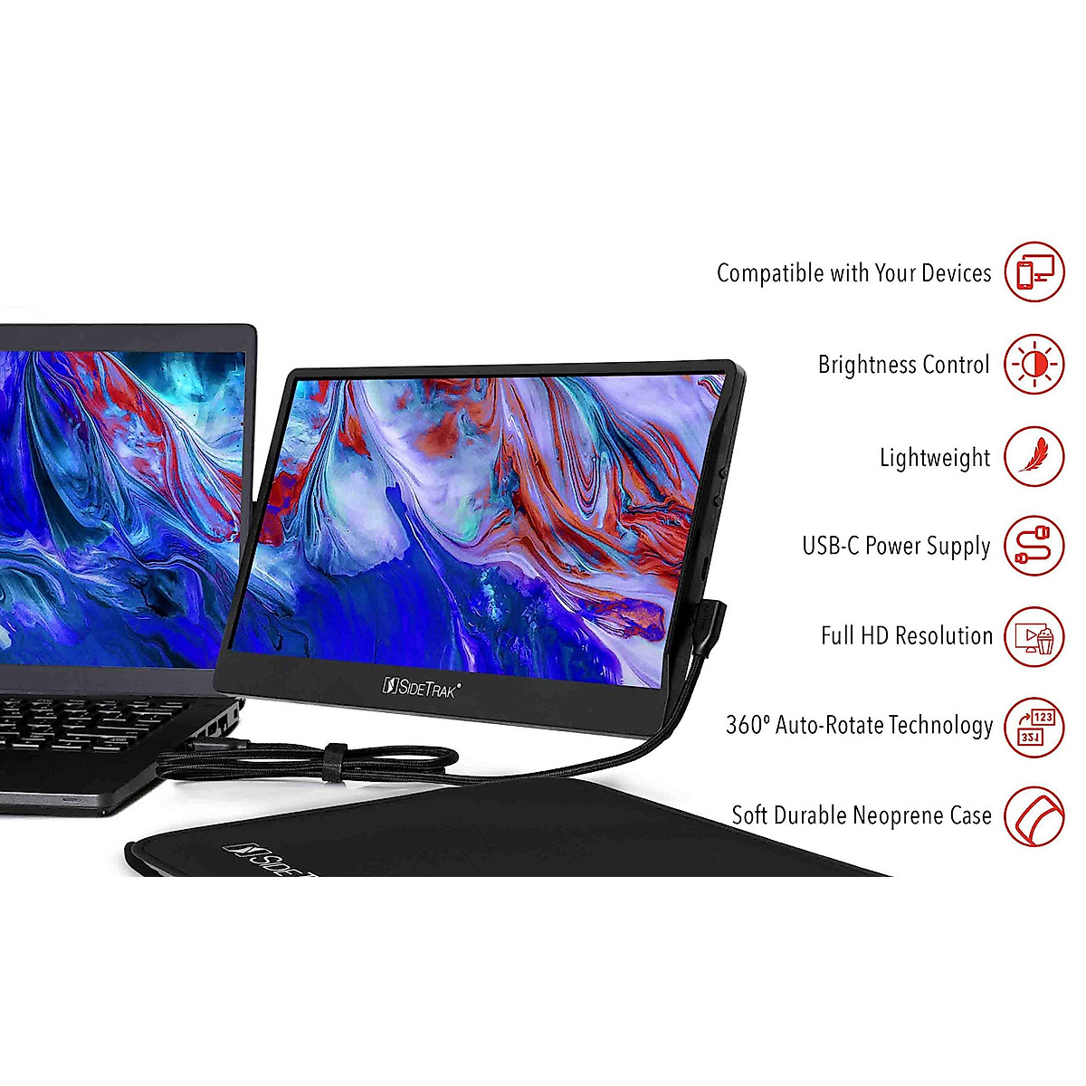 SideTrak Swivel Attachable Portable Monitor for Laptop 12.5” FHD IPS Laptop Screen with 15” Protective Case | Compatible with Mac, PC, & Chrome | Fits All Laptop Sizes | Powered by USB-C or Mini HDMI