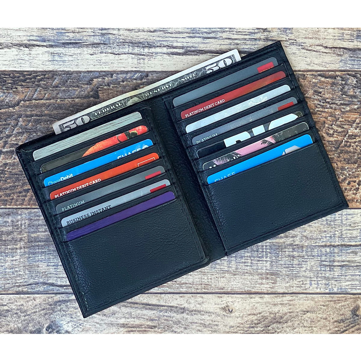 Texan Bull Bifold Genuine Leather RFID Blocking Wallet For Men Card Slots, 19 Cards, 2 ID Windows (Black)