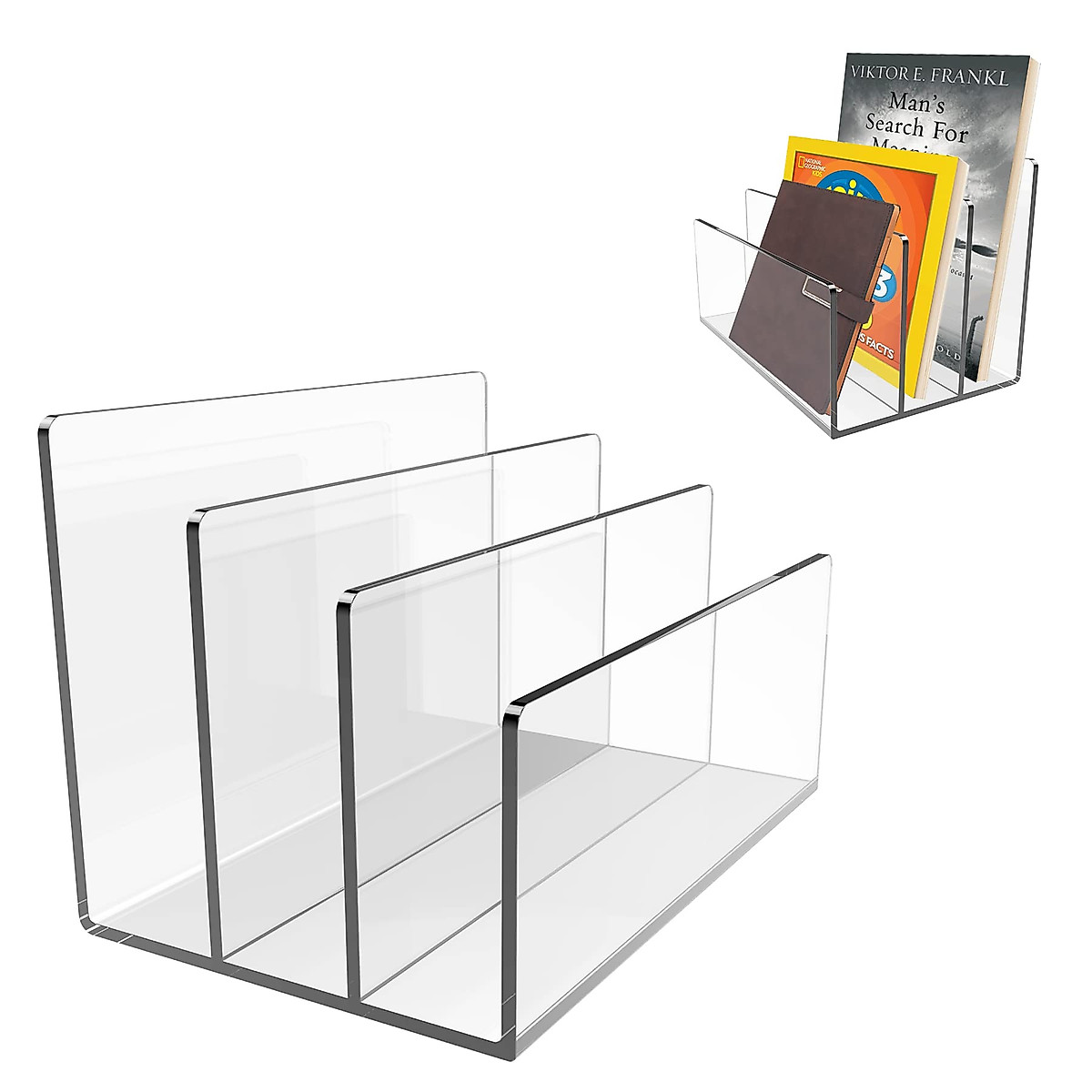 Boloyo Acrylic 3 Sections File Holder,Clear File Organizer Letter Sorter Holder for Desk,Fit for Office File Organizer Wallet & Purse Display Stand (Clear 3 Sections 1PC)
