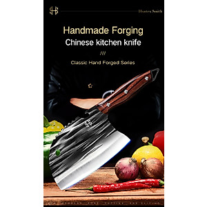 Huntex Smith Hand forged High Carbon steel Serbian Chef’s knife, Wood Handle Butcher Chef Meat Cleaver,Kitchen Knives,Hunting Cleaver,Set Green