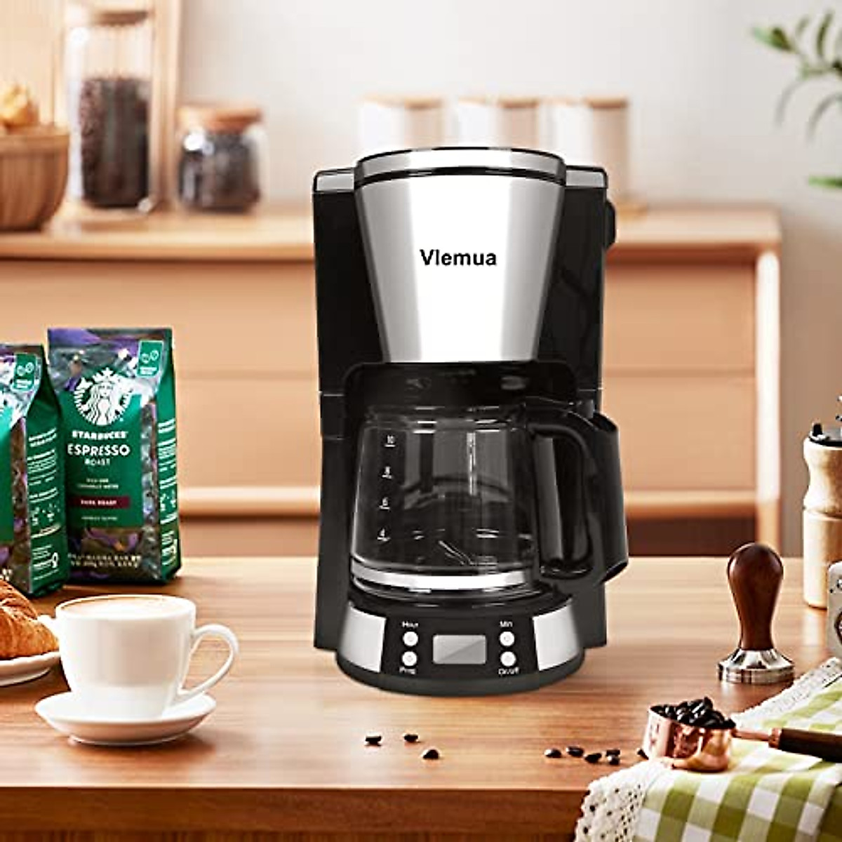 Gardcare 10-Cup Coffee Maker: 24-hour Programmable Coffee Machine, Smart Touch Screen, Stainless Steel Glass Carafe Pot with Brew Strength Control, Automatic Anti-Drip System, Black