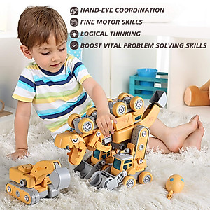 ERCHAOXI 5 in 1 Take Apart Dinosaur Toys for Kids 3-5,5 Construction Trucks Transform into a Big Dinosaur Robot Toys,STEM Building Toys Gifts for 4 5 6 7 8 Years Old Boys & Girls