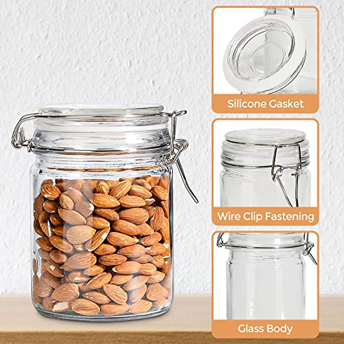 ComSaf Airtight Glass Canister with Lid Set of 6, 25oz Food Storage Jar, Storage Container with Seal Wire Clamp Fastening for Kitchen Fermenting Preserving Canning Pasta Flour Cereal