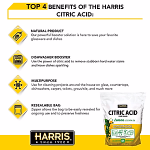 Harris Citric Acid Dishwasher Booster and Multipurpose Cleaner, 14oz, Cleans 84 Dishwasher Loads, with Scoop Included