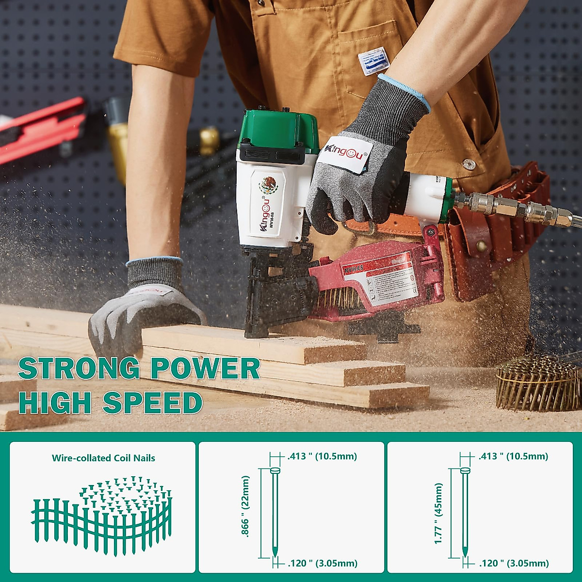 Kingou Mexican Style NVH45 Roofing Nailer Gun For Roofing Constructions Accepts 7/8-Inch to 1-3/4-Inch Nails 15 Degree With 3/8 NPT Air Connector 120-pcs Load Capacity Roofing Nailer