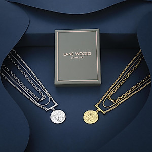 LANE WOODS 18k Gold Plated Necklaces for Women - Multilayer Coin Medallion Pendant Necklace Adjustable Layering Choker Necklaces Chain Set Jewelry