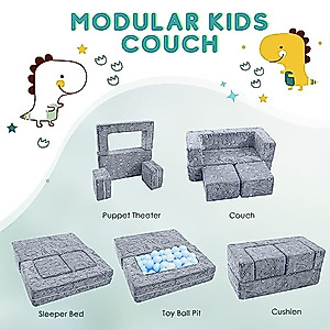 MeMoreCool Kids, Toddler Couch, Glow in The Dark Dinosaur Fold Out Baby Couch, Grey Kids Sofa Play Couch for Playroom, Modular Kid Furniture for Bedroom