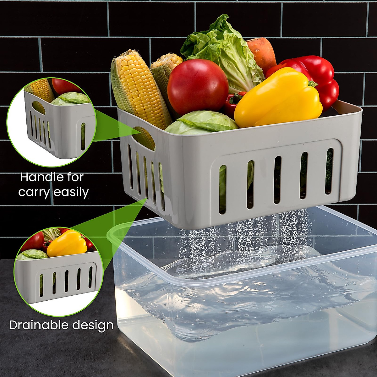 CINPIUK Fresh Contanier 5 Pack Food Containers Fruit Vegetable Produce Storage Saver Containers with Lid & Colander Kitchen Refrigerator Organizers Bins for Salad Berry Meat