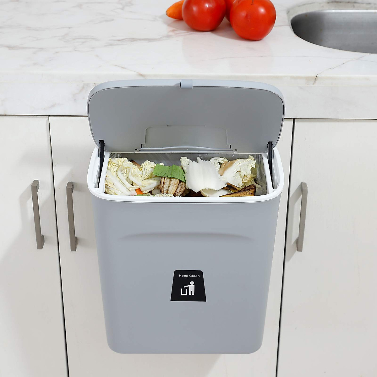 Lunies 2.4 Gal Compost Bin/Hanging Small Trash Can with Lid for Kitchen Cabinet Door/Counter Top/Under Sink/Bedroom/Bathroom/Cupboard Grey