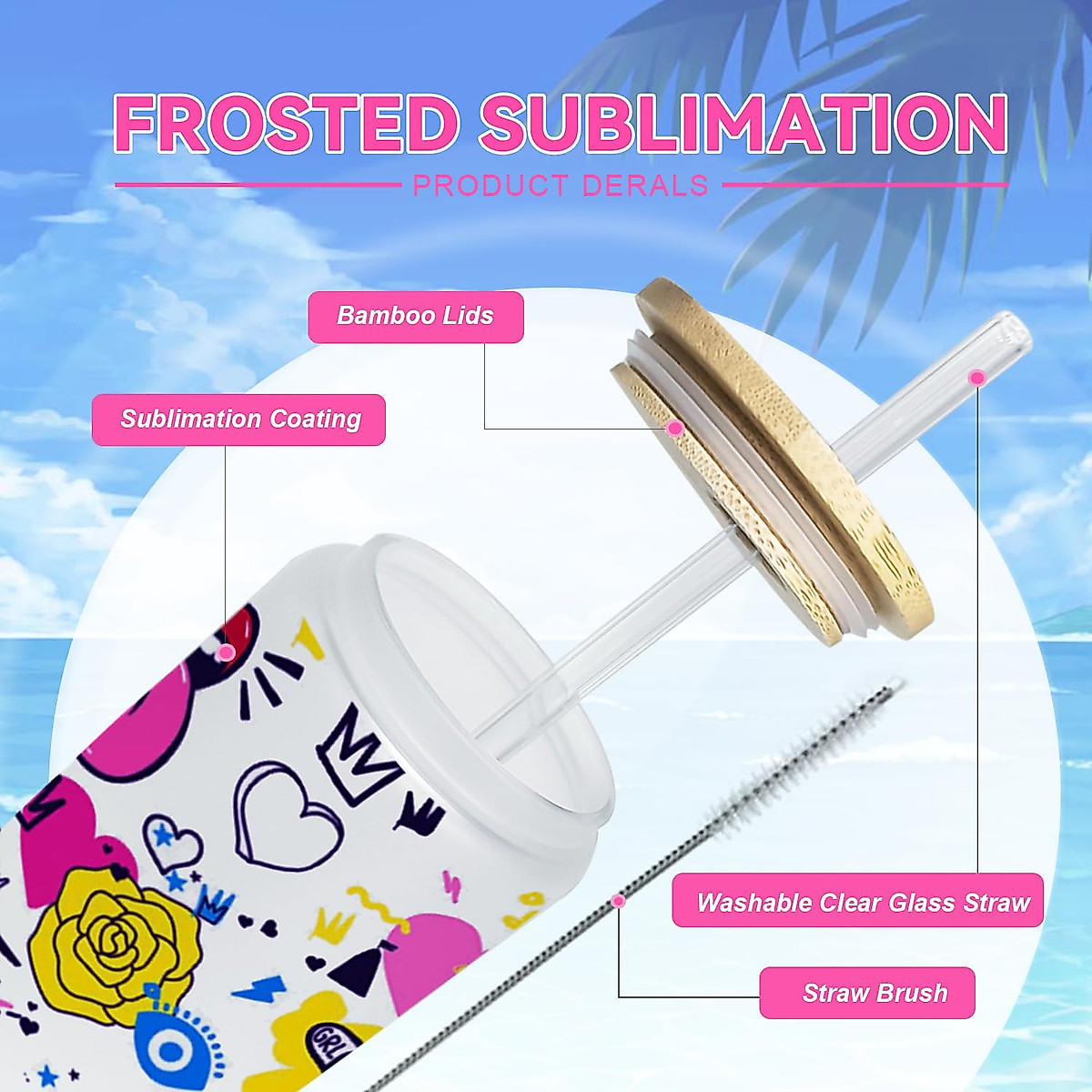 Kocdam 12 pack Sublimation Glass Cups with Bamboo Lids and Straws, Frosted 16oz Blanks Sublimation Beer Cans, Borosilicate Glasses, Sublimation Tumblers for Beer, Juice, Soda, Iced Coffee