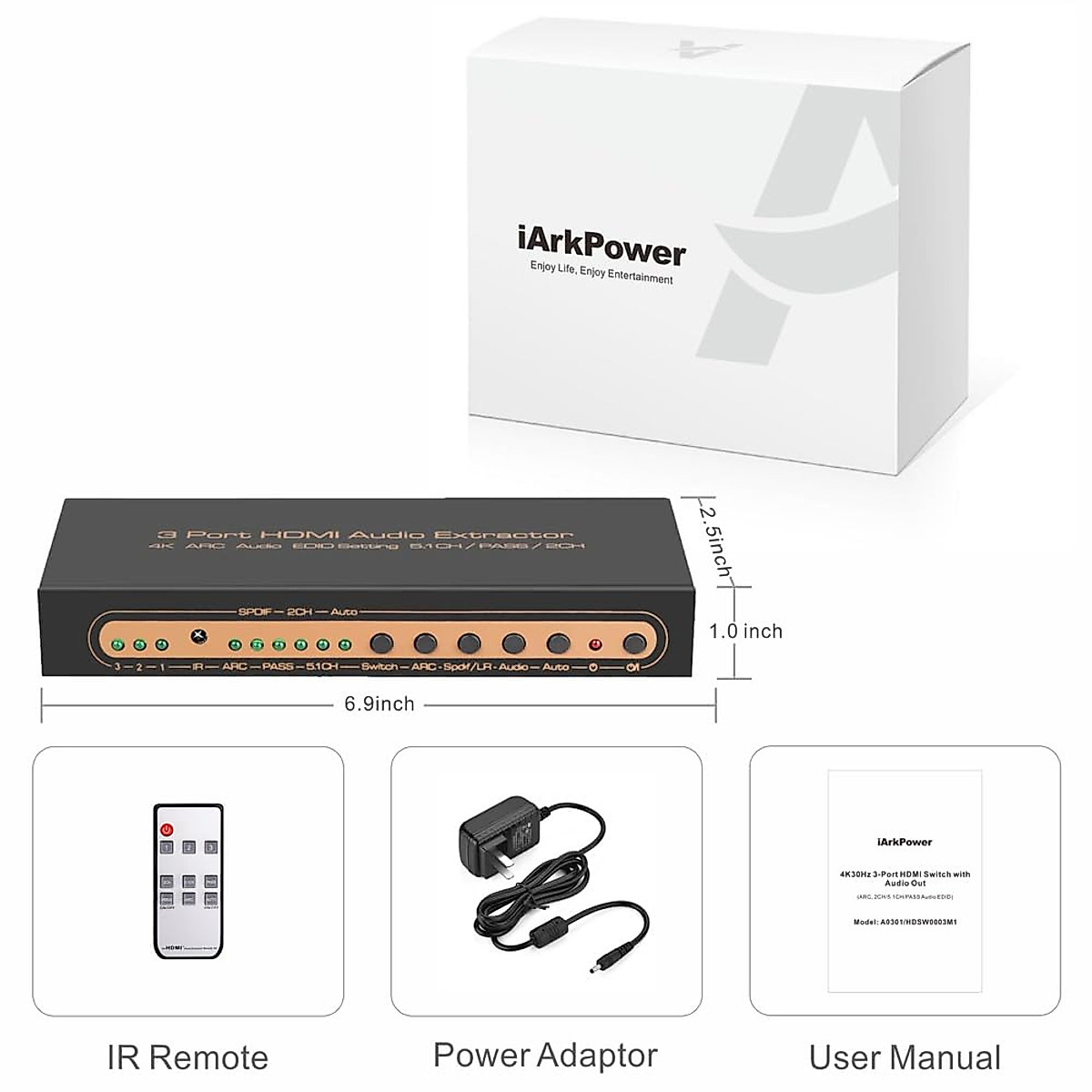 iArkPower 3 in 1 Out HDMI Switch Audio Extractor 4K@30Hz HDMI Switcher with Optical RCA L/R Audio Out