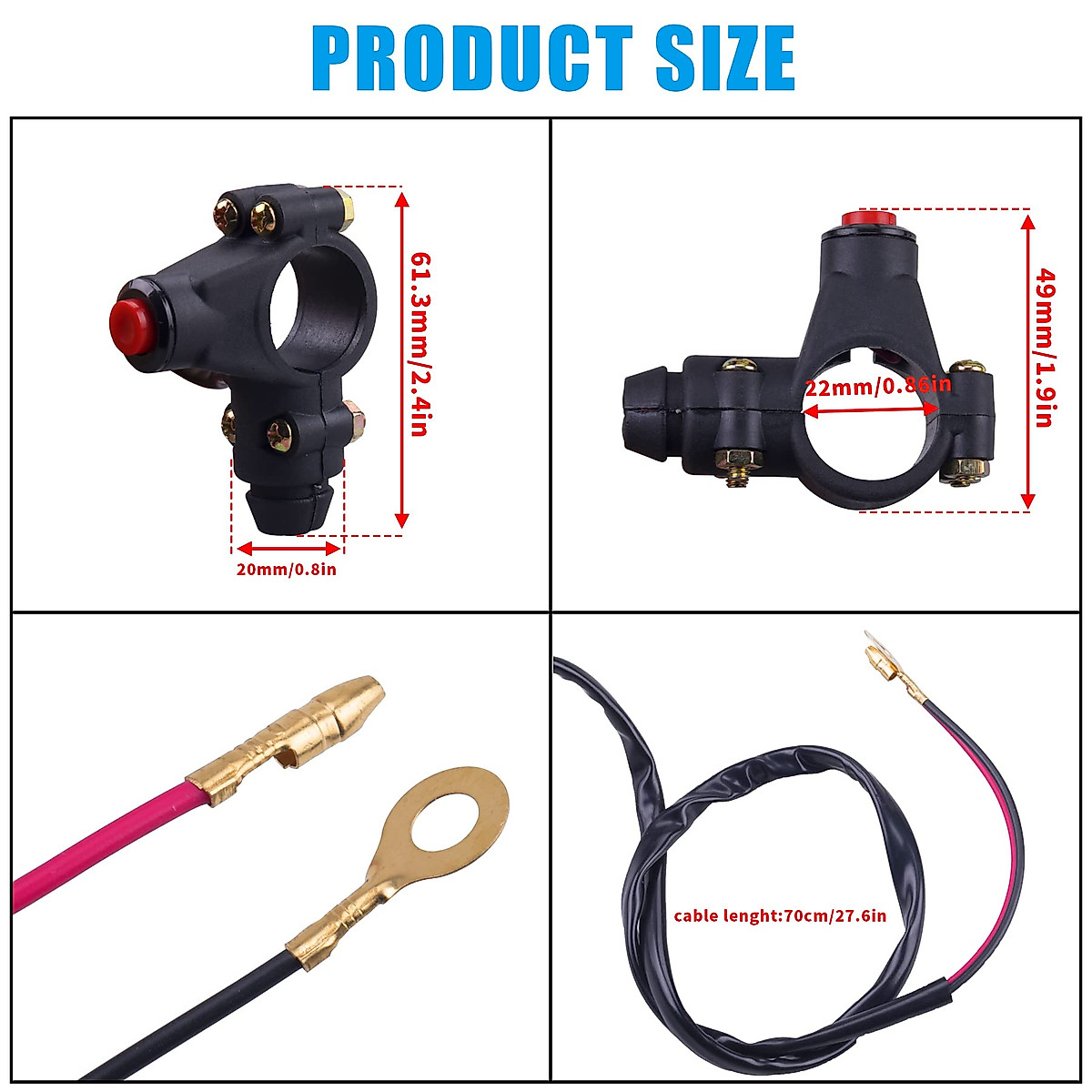 JINGKE 7/8" 22mm Handlebar 2 Wire Tether Kill Switch Apply to Taotao 110cc 125cc Dirt Pit Bike ATV 4 Wheeler Quad Trail Bike