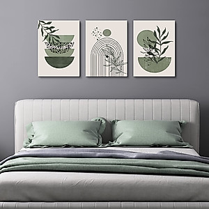 Sage Green Wall Posters & Prints, Green Boho Wall Art Set of 3, Minimalist Framed Wall Art Geometric Line Leaf Sun Moon Beige Green Canvas Artwork Paintings