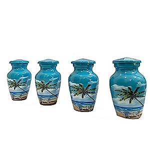 HLC URNS Keepsake Urn Set of 4 – Lovely Blue Beach Set of 4 Keepsake Cremation Urn for Human Ashes with Velvet Box & 4 Velvet Bag-Mini Keepsake Urn - Affordable Keepsake Urn (3 cu.in)