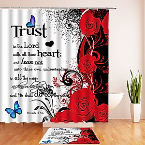 Inspirational Quote Bath Mat Red Rose Flower Butterfly Trust in The Lord with All Thine Heart Abstract Floral Art Bathroom Rug Decor