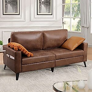 YODOLLA Leather Sofa Couch, Faux Leather Couch 79" Wide, Mid Century Modern Couches for Living Room, Brown Leather Sofa Couch, Saddle Brown