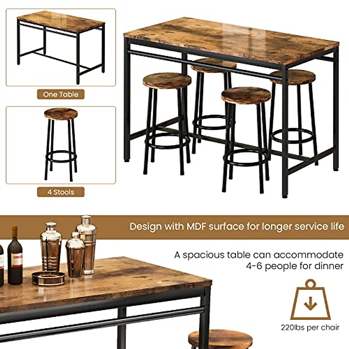 Recaceik Dining Table Sets for 4 Bar Table and Chairs Set Industrial Outdoor Table w/ 4 Stools for Home, Farmhouse, Restaurant, Cafe, Kitchen, Dining Room, Breakfast Nook, Small Space