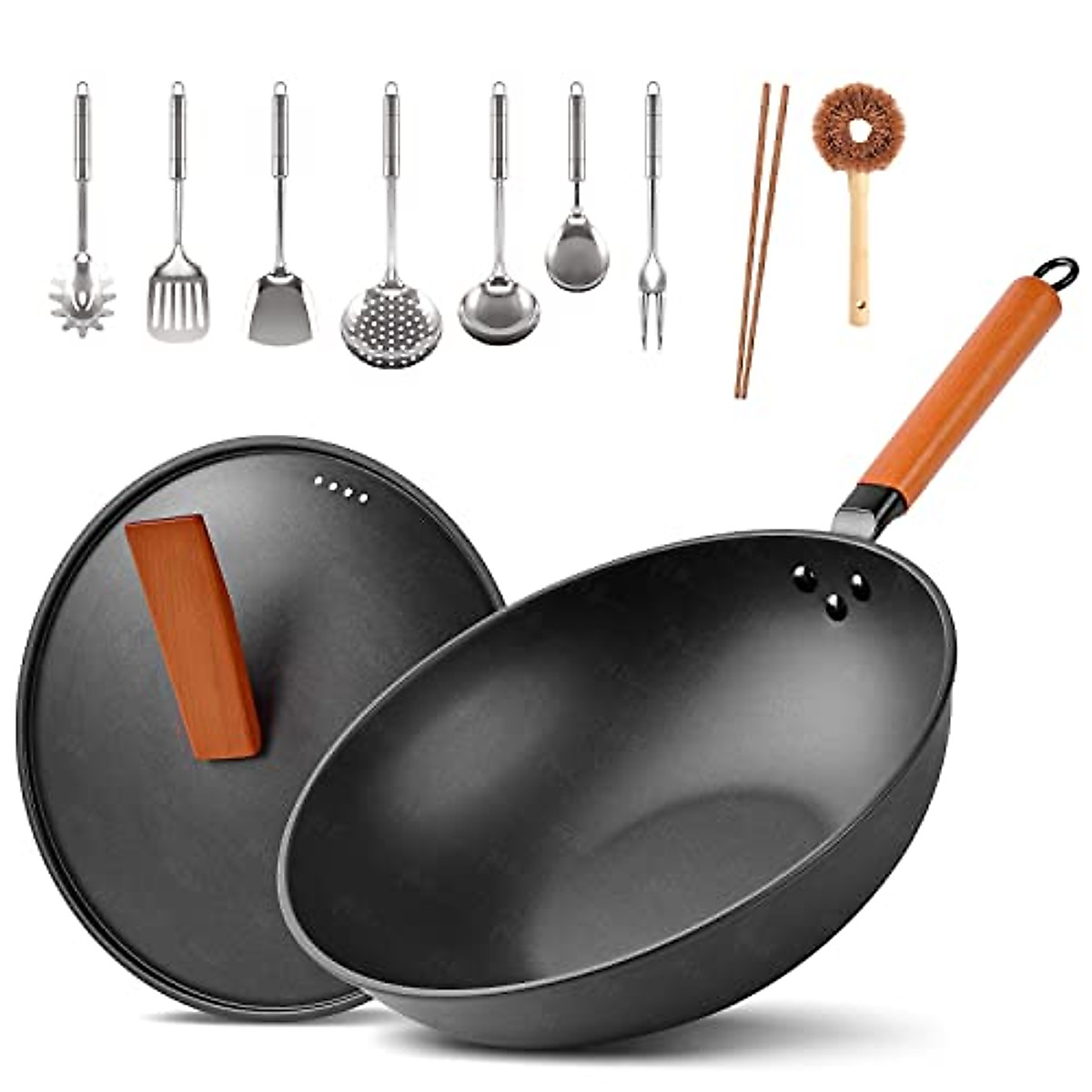 Carbon Steel Wok, 9 Pcs Wok Pan with Iron Lid & Handle Stir-Fry Pans 12.8" Chinese Wok Flat Bottom Wok with Cookware Accessories Suitabe for all Stoves (Black)