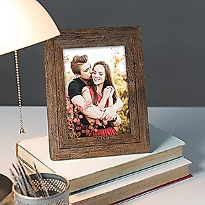 8x10 Picture Frames Set, Set of 4 Wooden Picture Frames Real Tempered Glass and Composite Wooden Rustic Rounded Corners Photo Display for Tabletop Wall Mount with Hanging Hardware and Stand (Brown)