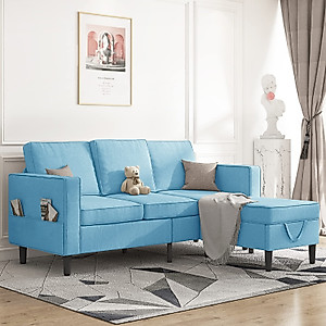 Mjkone Convertible Sectional Sofa Couch, 3-Seat L-Shaped Sofa with Storage Ottoman, Wooden Couch Legs Modern Linen Fabric Reversible Chaise for Living Room, Studio, Apartment - Blue
