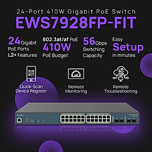 EnGenius Fit L2 Plus Managed 24-Port Gigabit PoE+ Switch | 802.3at/af PoE+ Ready | 410W Budget | 4 SFP Uplink Ports | 56 Gbps Switching Capacity | [EWS7928FP-FIT]