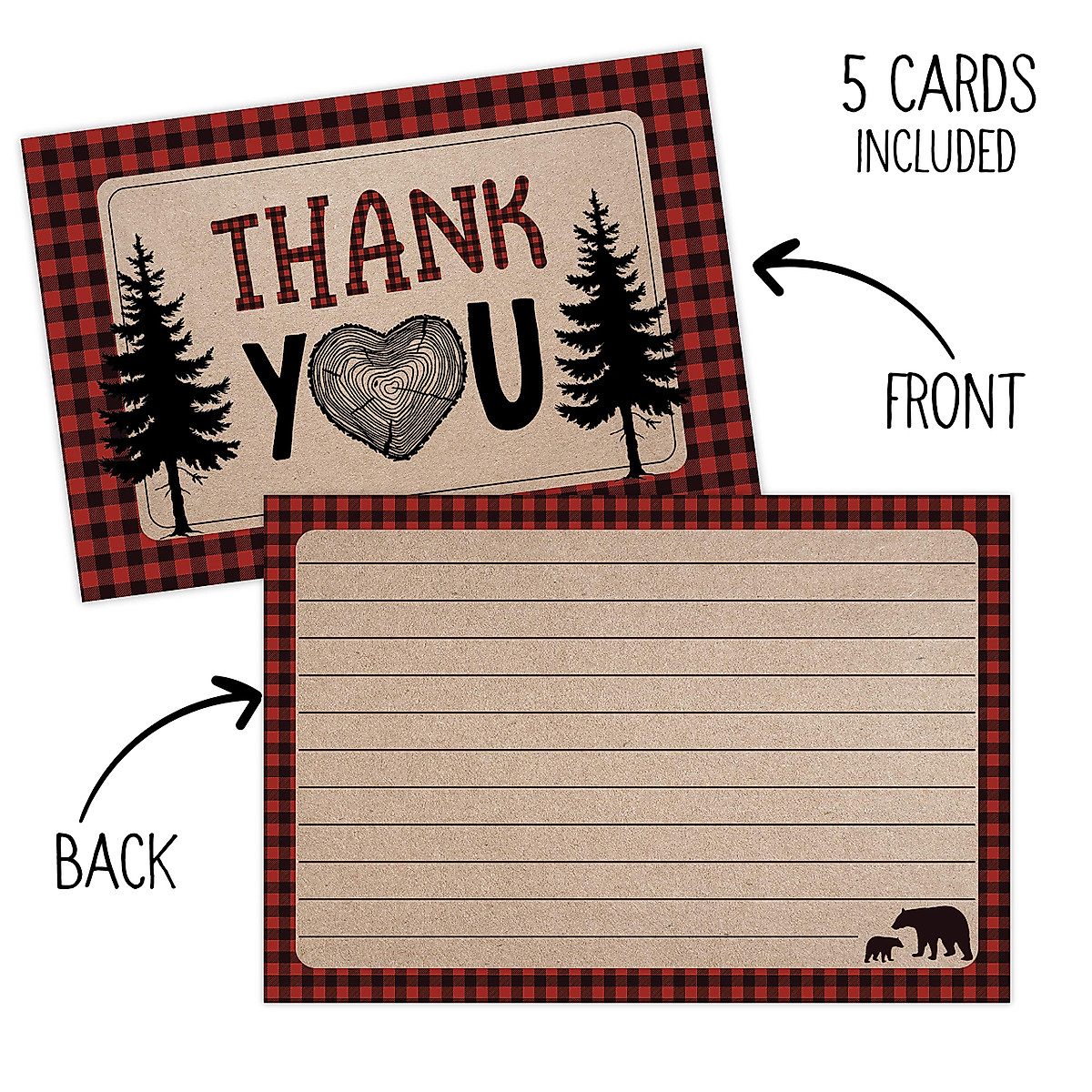 50 Lumberjack Baby Shower Thank You Cards - Boy Baby, Mama Bear Baby Shower Favor, Woodland Baby Shower - 6 Different Designs Included - 25 Blank and 25 Pre-Written Thank You Cards