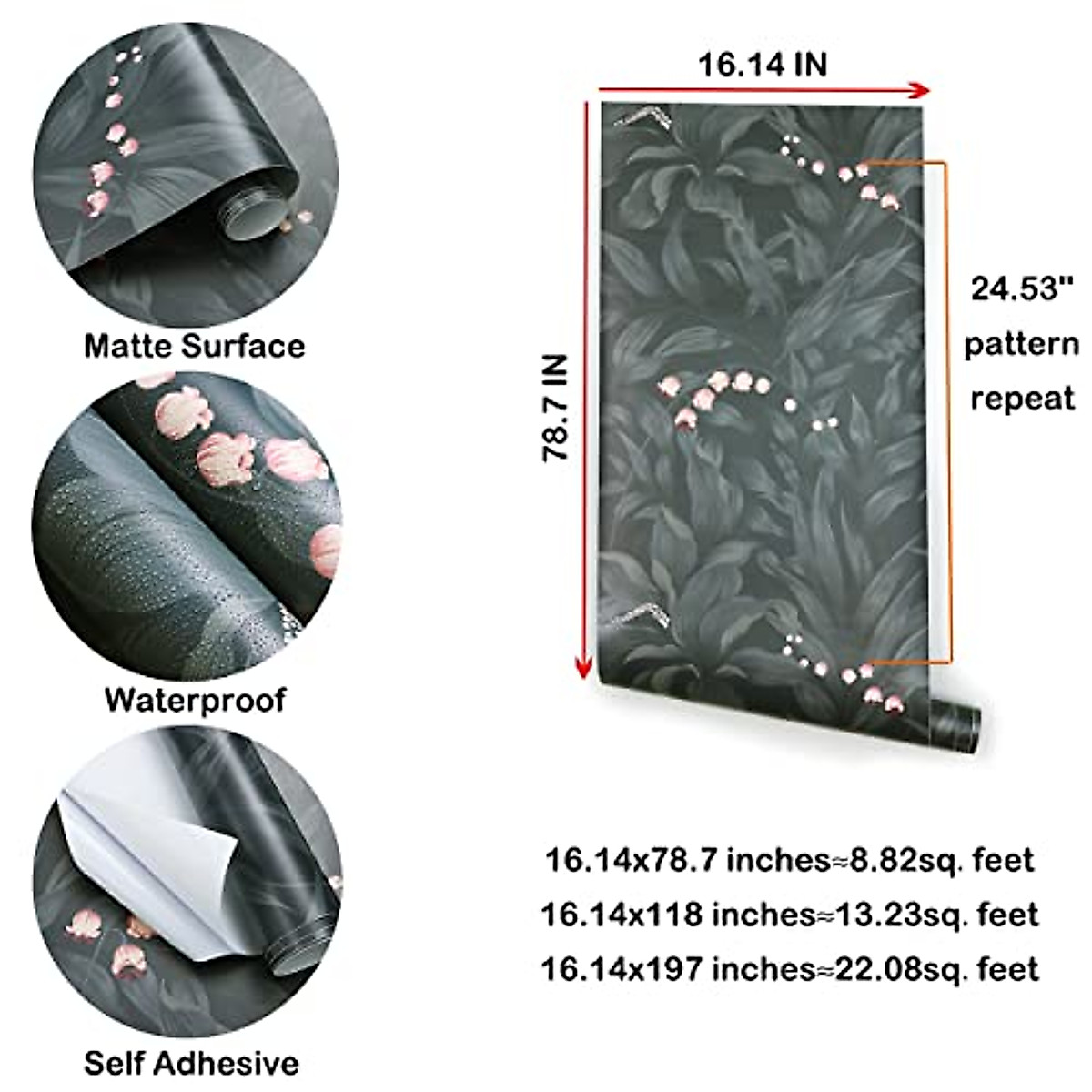 Guvana Leaves Wallpaper Floral Peel and Stick Wallpaper Dark Leaf Self Adhesive Wallpaper Flower Contact Paper 16.14''x78.7'' Modern DIY Wallpaper Removable Wallpaper for Bedroom Wall Cabinets Decor