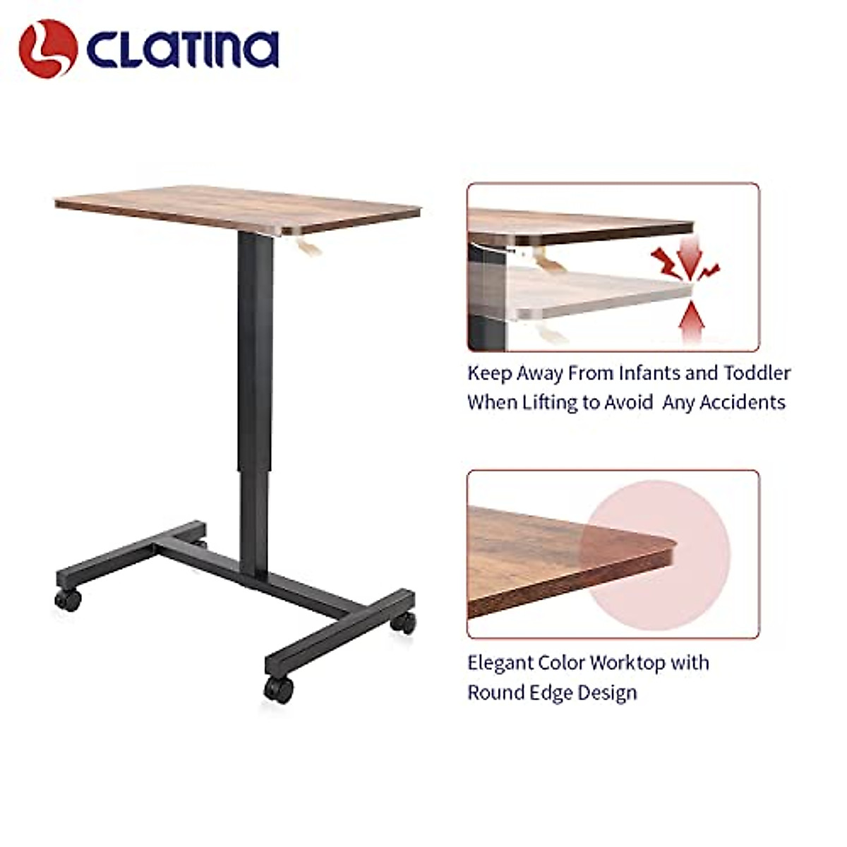 CLATINA Mobile Laptop Desk Pneumatic Sit to Stand Table Height Adjustable Rolling Cart with Lockable Wheels for Home Office Computer Workstation 28" x 19" Brown Round Edge Design Elegant - Fidel