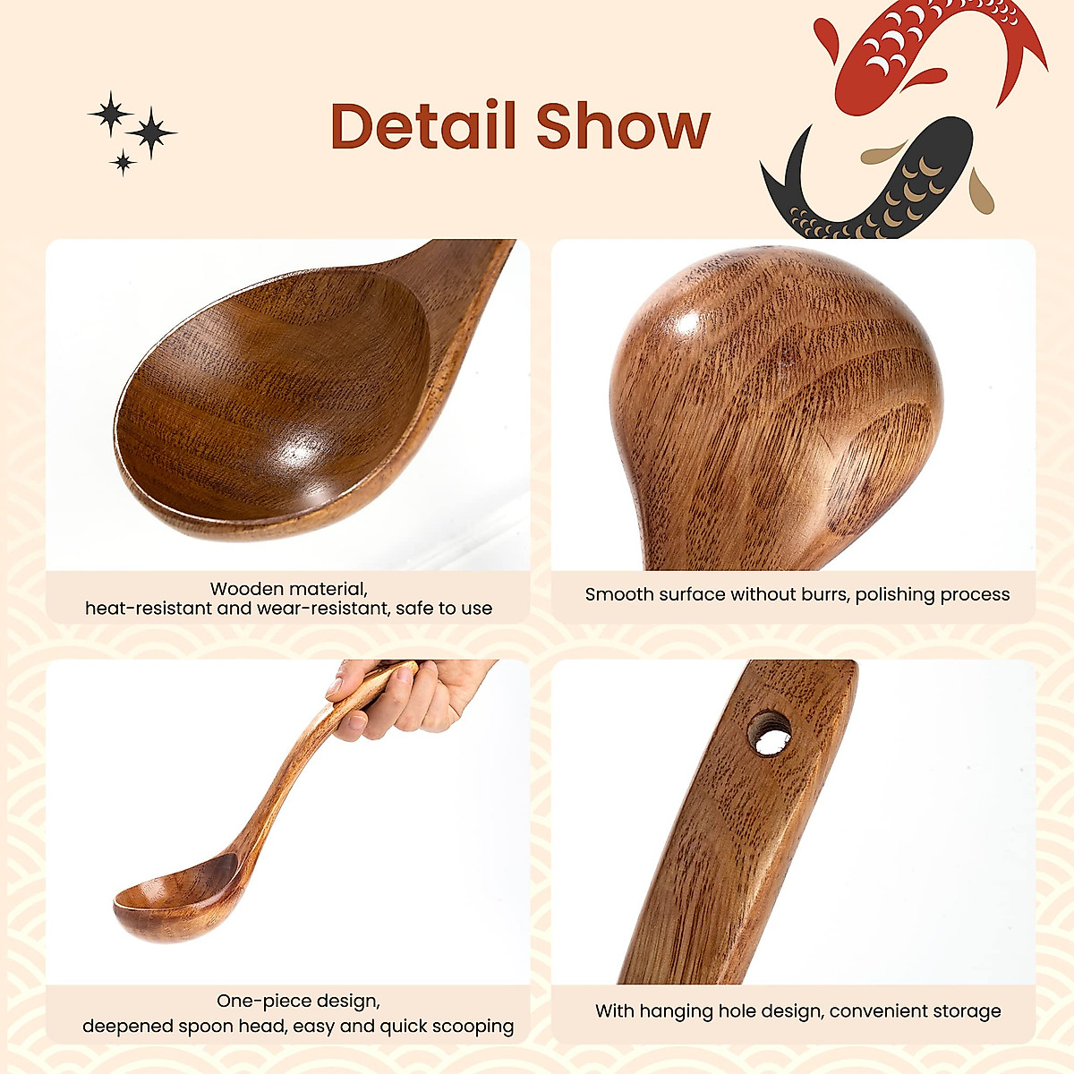 EORTA Set of 2 Wooden Soup Spoons Deep Ladle Natural Wood Sauces/Porridge Soup Flatware with Long Straight Handle Kitchen Serving Tools for Dinner Cooking Catering Gift, Large, Small