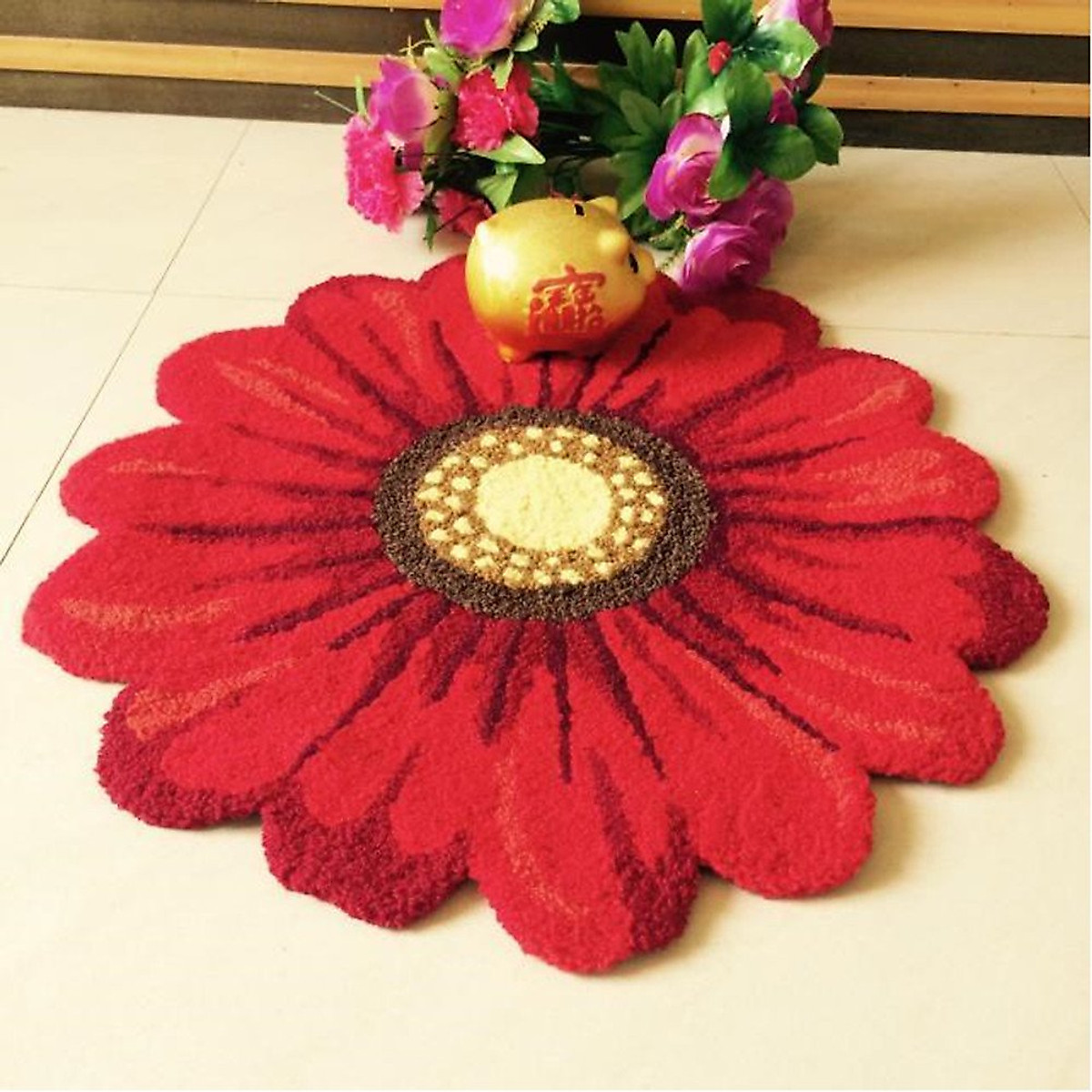 Judy Dre am Red Sunflower Shape Area Rug Hand Woven Floral Round Rugs for Bedroom Kitchen Bathroom Living Room Washable Bath Mat for Christmas Party Dec