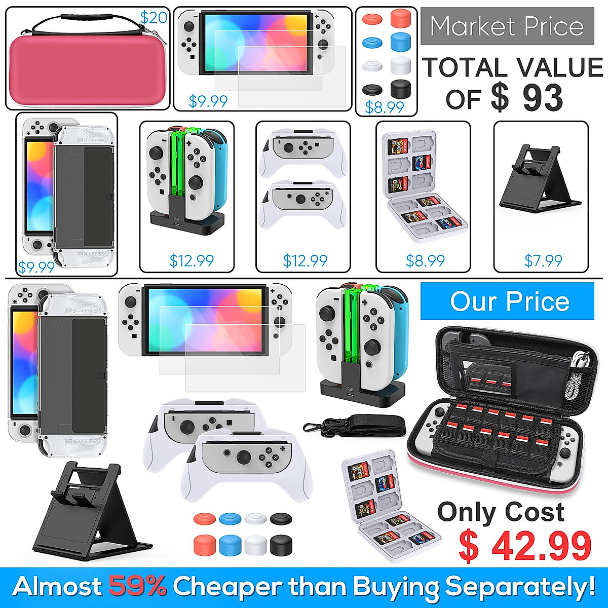 Accessories Bundle for Nintendo Switch OLED Model, MENEEA Carrying Case & Screen Protector, Clear Cover Protector, Grips & Charger Dock for Joycons, Steering Wheels, Console Stand & Game Card Case