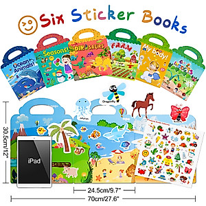 Reusable Sticker Book for Kids 2-4: 6 Set Preschool Learning Activities Quiet Busy Book for Toddler Travel Toys Sticker Book Include Ocean, My Body, Farm, Insect, Season, Dinosaur Educational Gifts