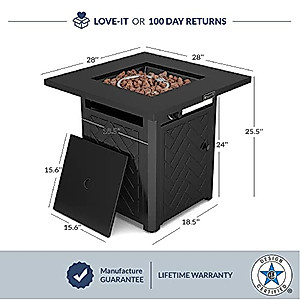 BELLEZE 28-Inch Propane Fire Pit, 50,000 BTU Auto-Ignition Gas Fire Pit, CSA-Approved 2-in-1Outdoor Fire Pit, Gas Fire Pit Table with Lid and Lava Rocks, Fire Pits for Outside, Poolside, Garden, Party