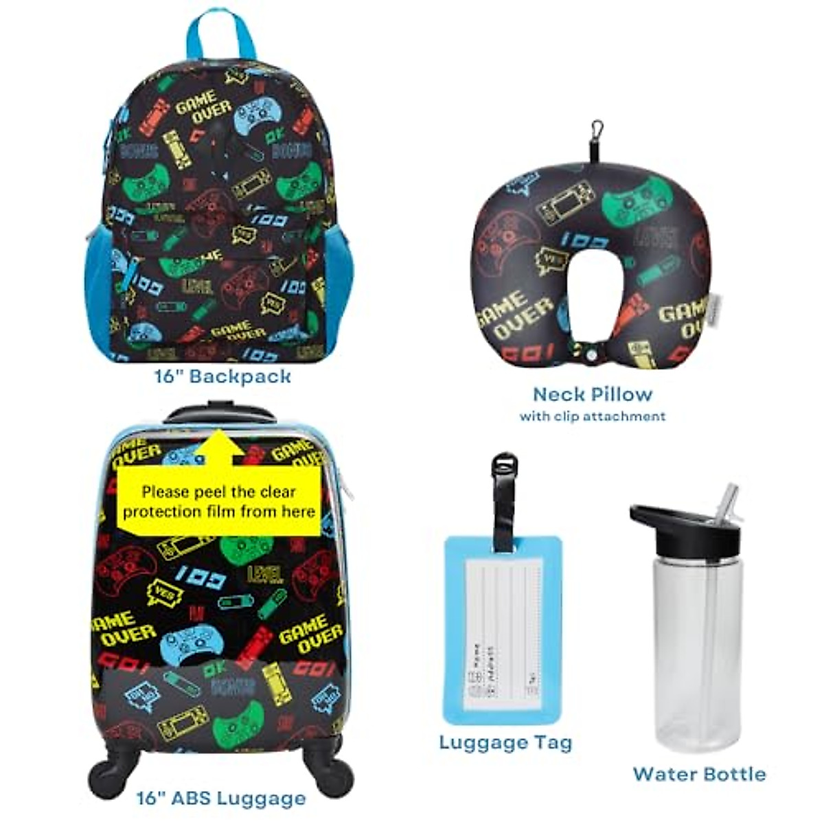 RALME 5 pc Boys’ Gaming Rolling Suitcase Set with Backpack, Neck Pillow, Water Bottle, and Luggage