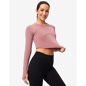 SANTINY Women's Long Sleeve Crop Workout Tops Slim Fit Gym Yoga Running Shirts for Women(B Pink_M)