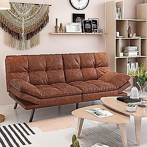 wOod-it Futon Sofa Bed, Memory Foam Foldable Couch Convertible Loveseat Sleeper Daybed with Adjustable Armrests for Small Space, Compact Living Room, Studio, Office, Apartment (Brown)