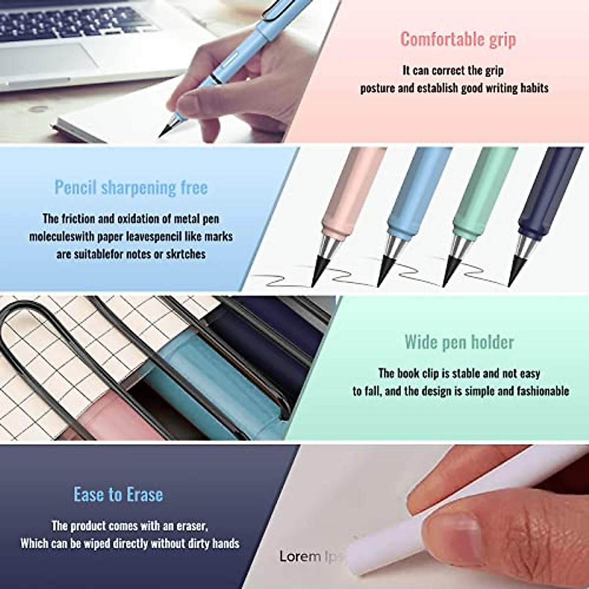 ALECPEA 4pcs Everlasting Pencil Infinite Pencil, Infinity Pencil with Eraser. Inkless Magic Pencils Eternal with 4pcs Replacement Nibs, Portable Reusable Erasable Writing Pencil