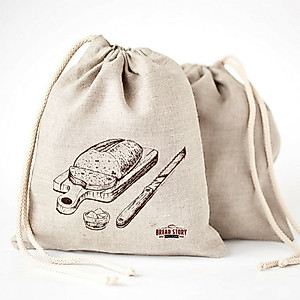 Linen Bread Bags - 2-Pack 11 x 15" Special Art Design Natural Unbleached Linen Reusable Food Storage for Homemade Artisan Bread