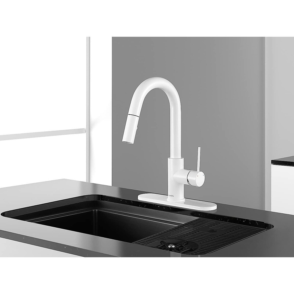 AguaStella AS59W White Bar Faucet with Pull Down Sprayer and ASD52W White Deck Plate