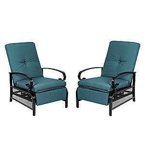 Crownland Outdoor Patio Furniture Adjustable Reclining Lounge Chair Set, Patio Black Metal Recliner with Peacock Blue Removable Cushion (2 Pieces)